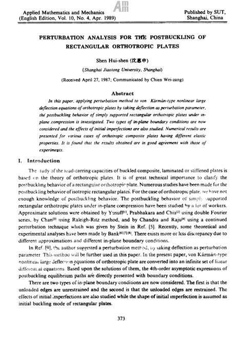 Pdf Perturbation Analysis For The Postbuckling Of Rectangular