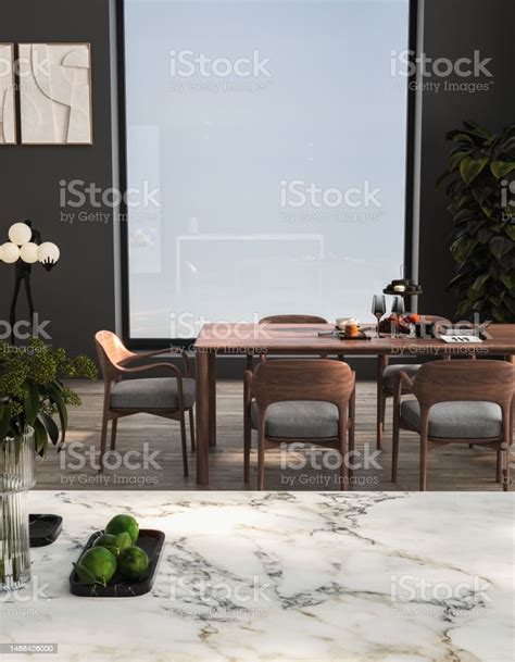 이 인테리어 장면에는 식사 공간과 거실 공간과 함께 모형 싱크대가 있는 주방 아일랜드가 있습니다 개방형 생활 개념을 보여주기에 적합합니다 3d 렌더링 0명에 대한 스톡 사진