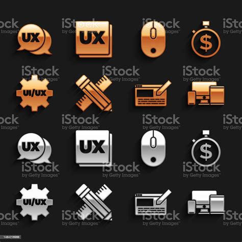 교차 눈금자와 연필 시간은 돈 모니터 모바일 태블릿 Ui Ux 디자인 컴퓨터 마우스 및 아이콘을 설정합니다 벡터 0명에 대한 스톡 벡터 아트 및 기타 이미지 Istock