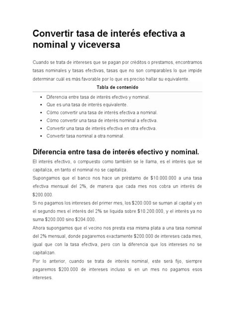 Convertir Tasa De Interés Efectiva A Nominal Y Viceversa Pdf