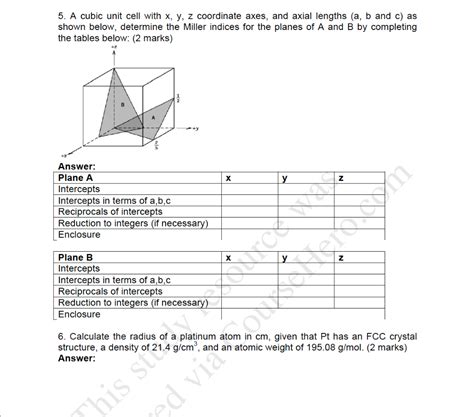 Solved 5 A Cubic Unit Cell With X Y Z Coordinate Axes Chegg Com