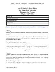 Lab 5 Newtons Second Law Pdf PHYSICS 182A 195L LAB REPORT LAB 5 NEWTON S SECOND LAW Lab 5