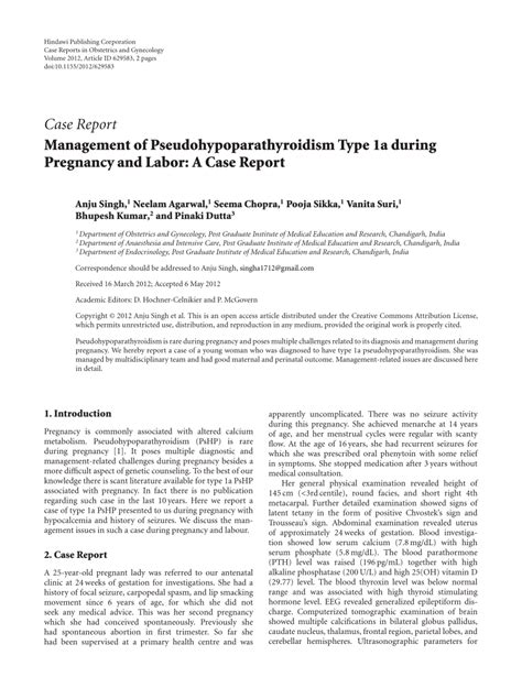 Pdf Management Of Pseudohypoparathyroidism Type 1a During Pregnancy And Labor A Case Report