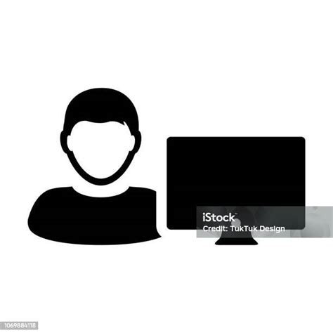 컴퓨터 아이콘 벡터 남성 사람 사용자 컴퓨터 모니터 화면 아바타 문양 그림 기호에서 평면 색상 감독에 대한 스톡 벡터 아트 및 기타 이미지 Istock