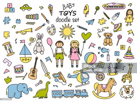 어린이용 장난감 및 스포츠 장비 세트입니다 낙서 스타일의 밝은 장난감 벡터 일러스트 레이 션입니다 벡터 아이에 대한 스톡 벡터 아트 및 기타 이미지 Istock