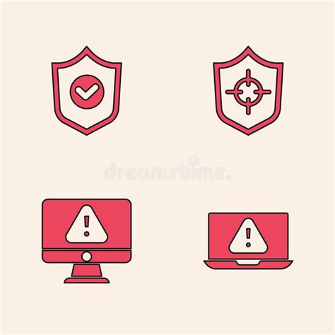Set Laptop With Exclamation Mark Shield Check And Monitor Icon Vector Stock Vector