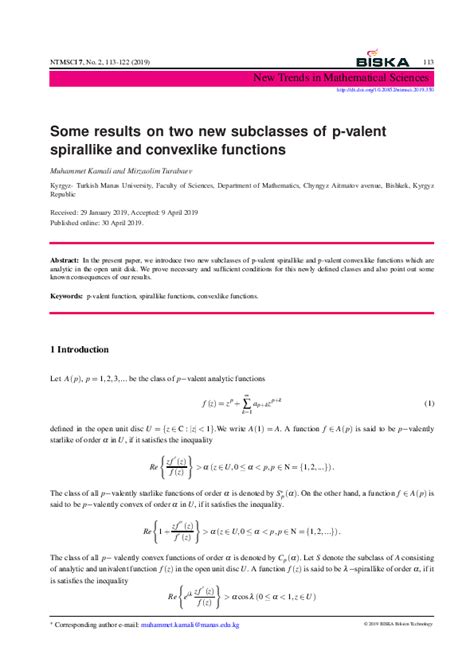 Pdf Some Results On Two New Subclasses Of P Valent Spirallike And Convexlike Functions