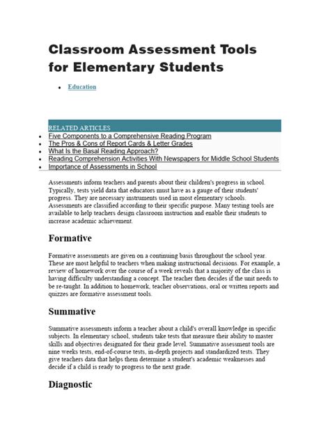 Classroom Assessment Tools For Elementary Pdf Educational