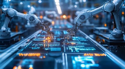 Precision Robotic Arms Assembling Components In Modern Factory Setting