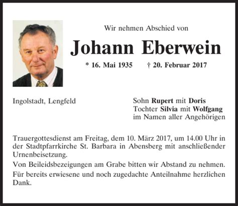 Traueranzeigen Von Johann Eberwein Mittelbayerische Trauer