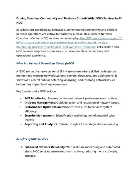 Driving Seamless Connectivity And Business Growth With Noc Services In Ai Noc Docx