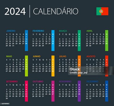 Calendar 2024 Portugal Color Vector Illustration Portuguese Language
