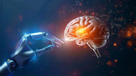 Human Hand Touching A Holographic Brain Interfacing With A Robotic Arm A Metaphor For AI And
