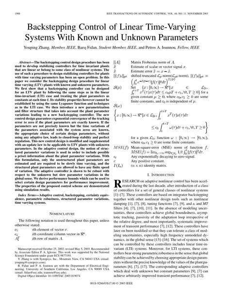 PDF Backstepping Control Of Linear Time Varying Systems With Known And Unknown Parameters
