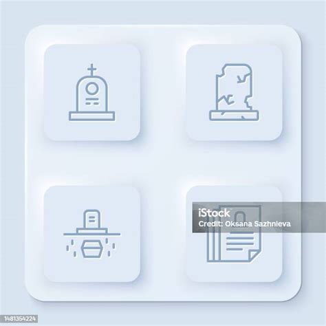 묘비 오래된 무덤 관 및 사망 증명서가있는 라인 무덤을 설정하십시오 흰색 사각형 버튼 벡터 공포 무서움에 대한 스톡 벡터 아트 및 기타 이미지 Istock