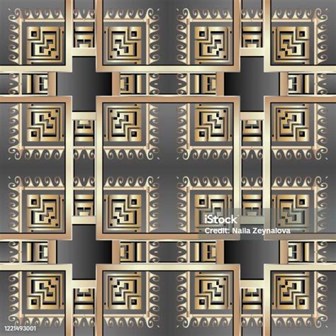 벡터 그리스어 기하학적 3d 원활한 패턴 장식 민족 부족 배경입니다 타탄 배경을 반복합니다 추상 그리스 어 키 구이 금 장식품 기하학적 모양 정사각형 프레임 줄무늬 선 0