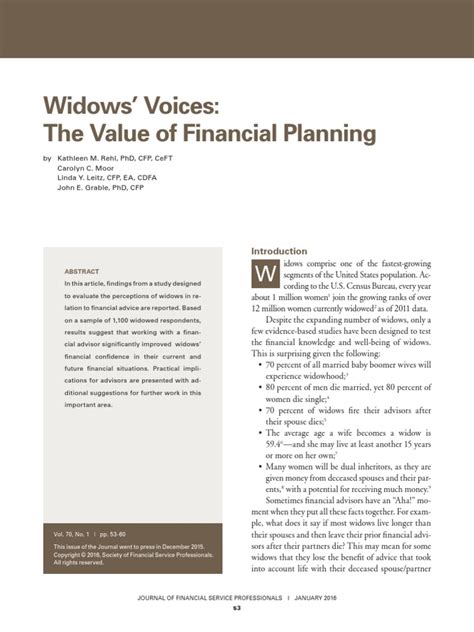 Widows Voices The Value Of Financial Planning Pdf Widow Question