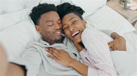 Selfie Influencer Couple In Bed And Portrait Smile For Fun Indoor