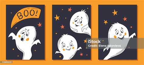 아기 유령과 할로윈 인사말 카드 세트 한 줄로 손으로 그린 이모티콘 유령 재미 있고 귀여운 유령 만화 스타일 행복한 할로윈 파티 휴일 만화 캐릭터 10월에 대한 스톡 벡터