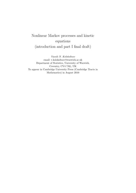 Pdf Nonlinear Markov Processes And Kinetic Equations Introduction And Part I Final Draft