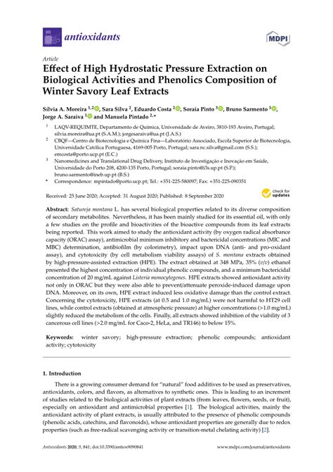 Pdf Effect Of High Hydrostatic Pressure Extraction On Biological Activities And Phenolics