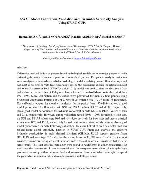 Pdf Swat Model Calibration Validation And Parameter Sensitivity
