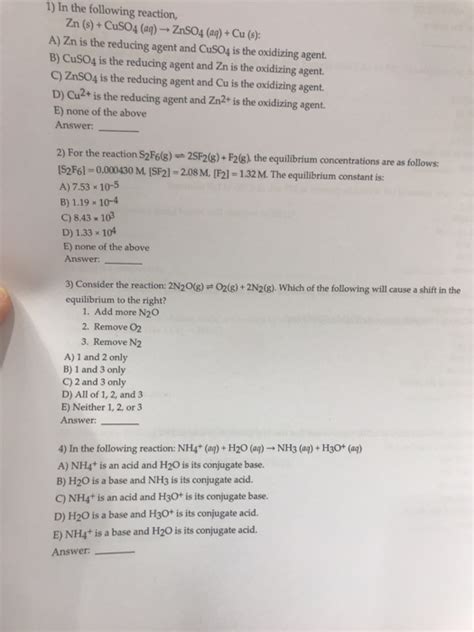 Solved 1 In The Following Reaction Zn S Cuso4 Aq →