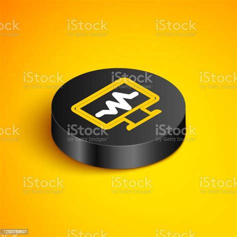 노란색 배경에 격리 된 심장 아이콘이있는 등색 라인 컴퓨터 모니터 모니터링 아이콘입니다 심전도 모니터와 심장 박동 손 그려 검은 색 원 버튼 벡터 3차원 형태에 대한 스톡