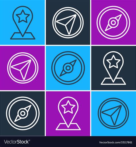 Set Line Map Pointer With Star Compass Royalty Free Vector
