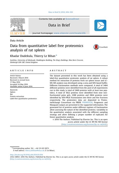 Pdf Data From Quantitative Label Free Proteomics Analysis Of Rat Spleen
