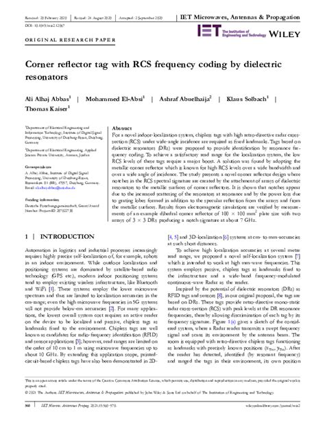Pdf Corner Reflector Tag With Rcs Frequency Coding By Dielectric