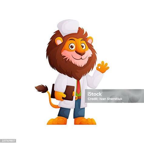 만화 사자 의사 캐릭터 자랑스럽게 서서 괜찮은 손 제스처를 제공합니다 건강관리와 의술에 대한 스톡 벡터 아트 및 기타 이미지 건강관리와 의술 귀여운 긍정적인 감정