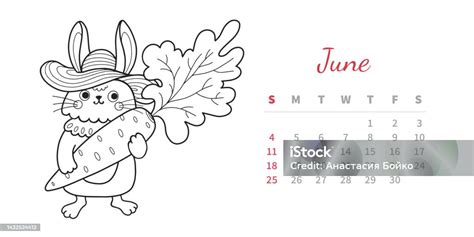 June 2023 귀여운 윤곽선 토끼가있는 수평 달력 페이지 큰 당근 야채를 들고있는 밀짚 모자를 쓴 토끼 농부 중국 새해 상징 색칠 공부 벡터 일러스트레이션 2023년에