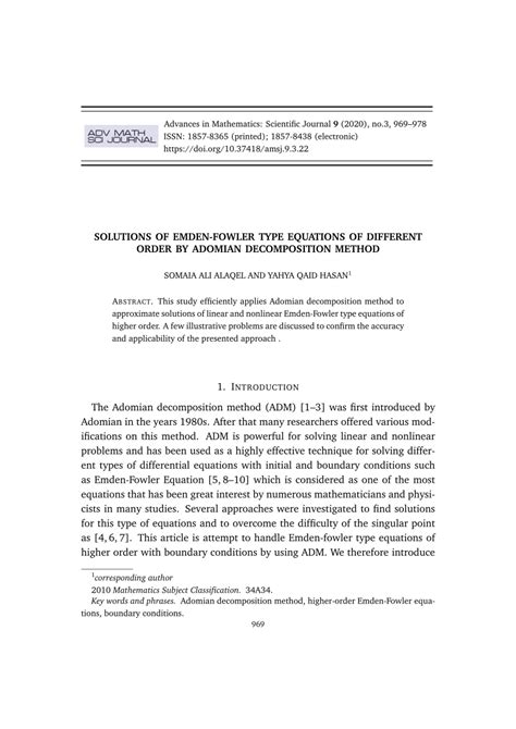 Pdf Solutions Of Emden Fowler Type Equations Of Different Order By Adomian Decomposition Method