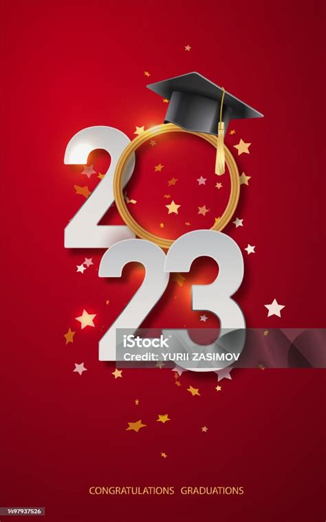 2023년 졸업반 배지 디자인 템플릿입니다 고등학교 또는 대학 졸업을 위한 학업 모자가 있는 2023년 졸업생 배너 스티커 카드를 축하합니다 벡터 2023년에 대한 스톡
