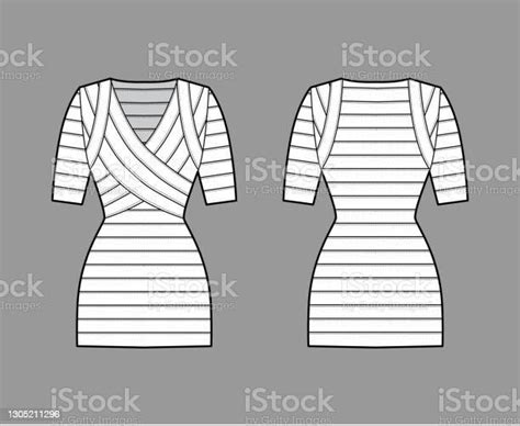 V넥 반소매 몸에 맞는 바디 신축성 미니 길이 연필 컷이 있는 붕대 드레스 테크니컬 패션 일러스트 0명에 대한 스톡 벡터 아트 및 기타 이미지 Istock