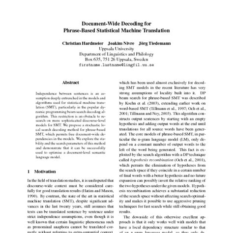 Document Wide Decoding For Phrase Based Statistical Machine Translation Acl Anthology