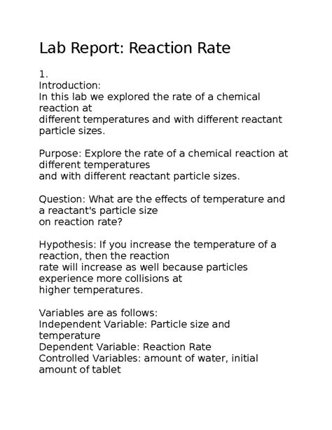 Lab Report Reaction Rate Lab Report Reaction Rate 1 Introduction In This Lab We Explored
