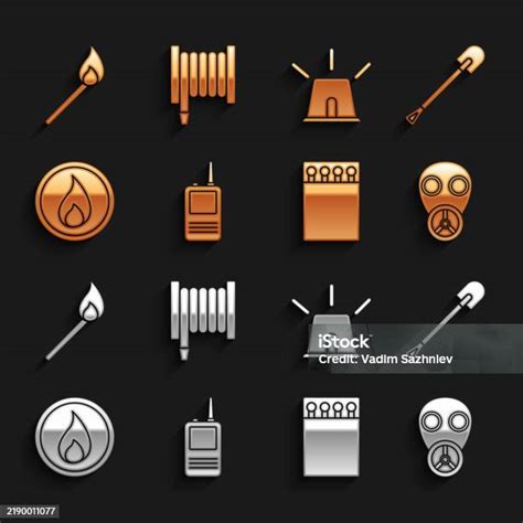 워키 토키 화재 삽 방독면 성냥갑 및 성냥 열기 불꽃 노출증 사이렌 화재 및 호스 릴 아이콘으로 연소 설정 벡터 가연성에 대한 스톡 벡터 아트 및 기타 이미지 Istock