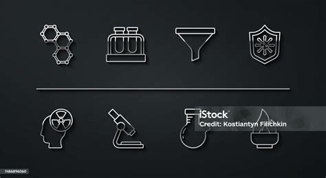 세트 라인 화학식 머리 및 방사선 기호 바이러스로부터 보호하는 방패 시험관 플라스크 현미경 알코올 스피릿 버너 및 깔때기 필터 아이콘 벡터 가열장치에 대한 스톡 벡터 아트