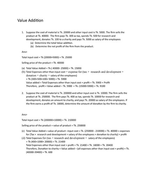 Value Addition Thanks Value Addition Suppose The Cost Of Material Is Tk 20000 And Other