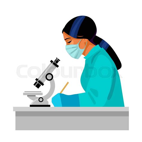 Woman Scientist Looking Through Microscope And Writing Female Laboratory Assistant Working At