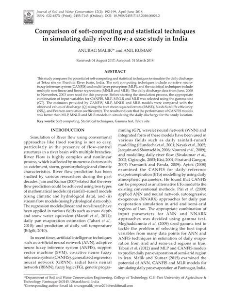 Pdf Comparison Of Soft Computing And Statistical Techniques In Simulating Daily River Flow A
