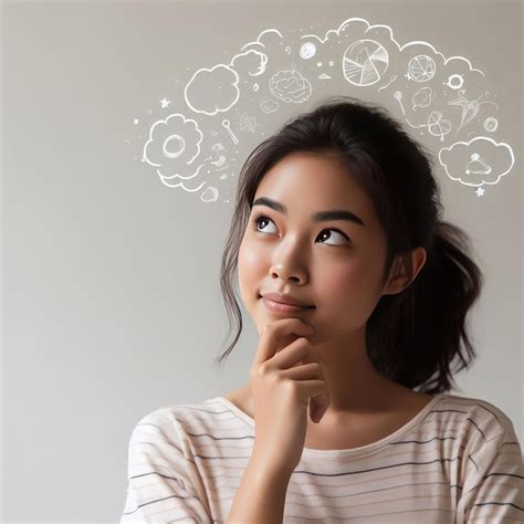Premium Photo Photo Of A Pensive Brunette Holding Her Chin And Looking Up With Thought Cloud