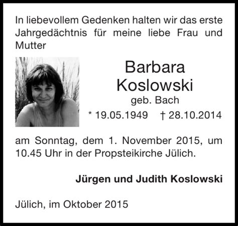 Traueranzeigen Von Barbara Koslowski Aachen Gedenkt