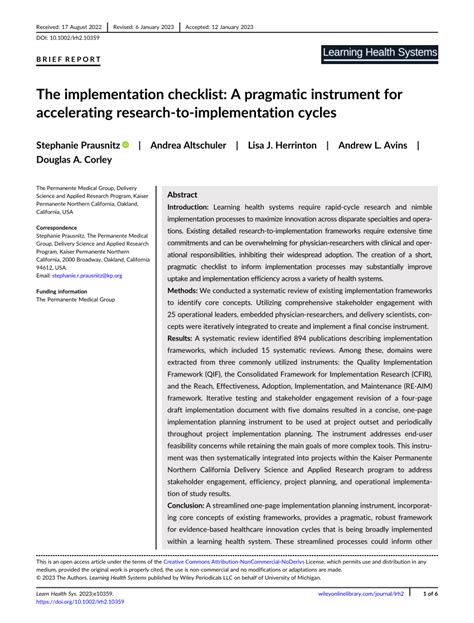 Pdf The Implementation Checklist A Pragmatic Instrument For Accelerating Research‐to