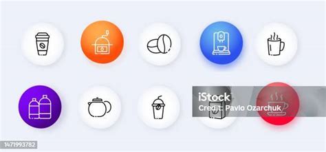 차와 커피 세트 아이콘입니다 커피 콩 컵 기계 티백 음료 녹색 뜨거운 판지 머그잔 음료 개념 신형성 스타일 광고에 대 한 벡터