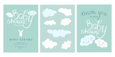 베이비 샤워 초대장 템플릿 세트입니다 엄마를 기리십시오 초대장과 감사 카드에는 글자 손으로 그린 구름 귀여운 흰 토끼가 있습니다