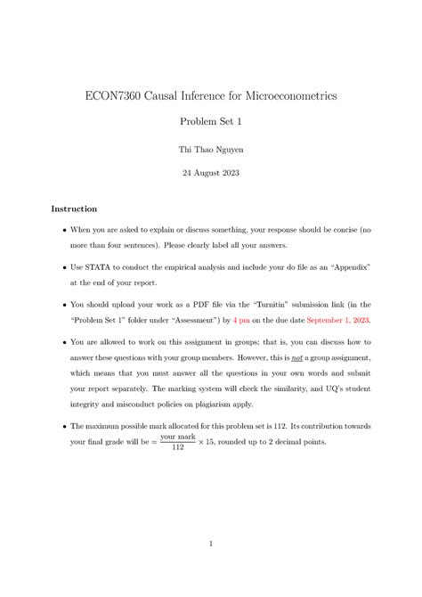 PS1 2023 Ps1 Without Answer ECON7360 Causal Inference For Microeconometrics Problem Set 1