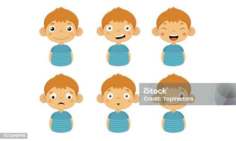 귀여운 소년 얼굴 감정 세트 다른 표정으로 아이 얼굴 기분을 보여주는 소년 다양한 벡터 일러스트 개체 그룹에 대한 스톡 벡터 아트 및 기타 이미지 Istock